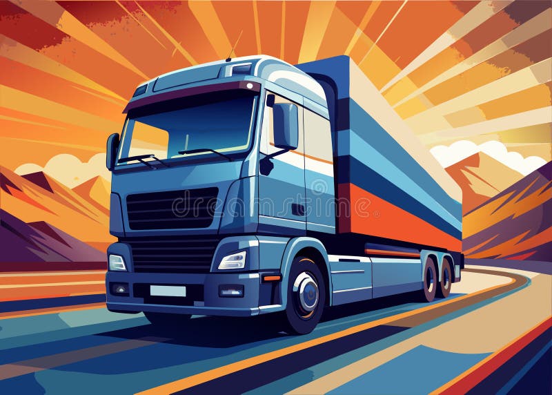 Modern Blue Semi Truck Driving on Highway at Sunset Stock Vector ...