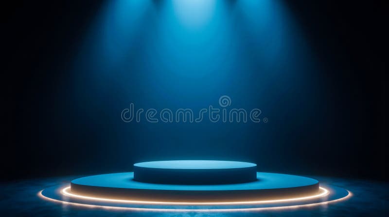 Modern Blue Stage with Neon Light Circles and Glowing Platform for ...
