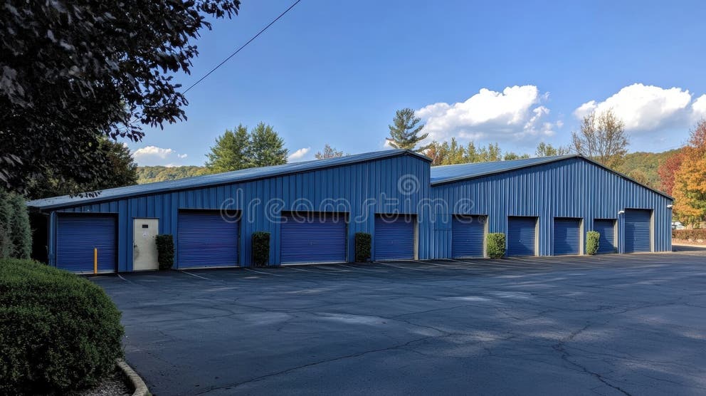 Modern Blue Storage Unit Facility with Multiple Garage Doors Stock ...