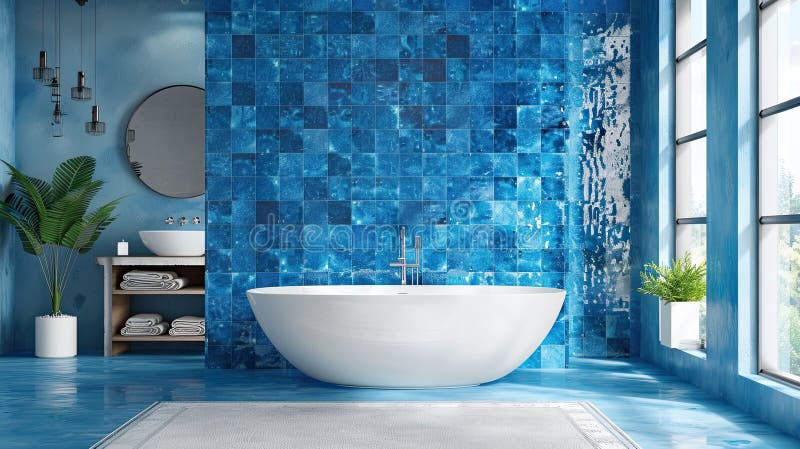 Modern Blue Tiled Room stock illustration. Illustration of indoor ...