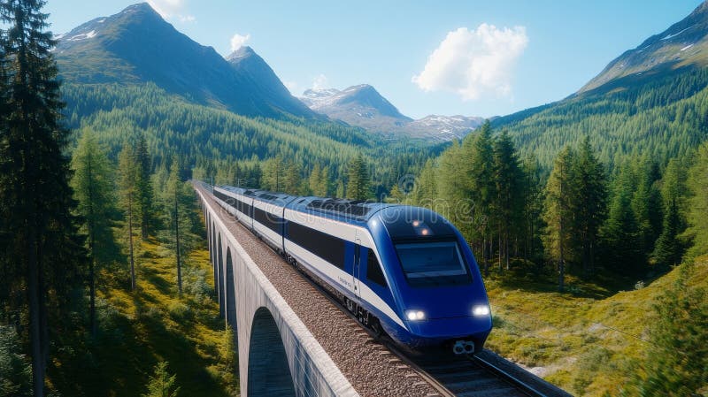 Modern Blue Train on Scenic Mountain Bridge in Sunny Day Stock ...