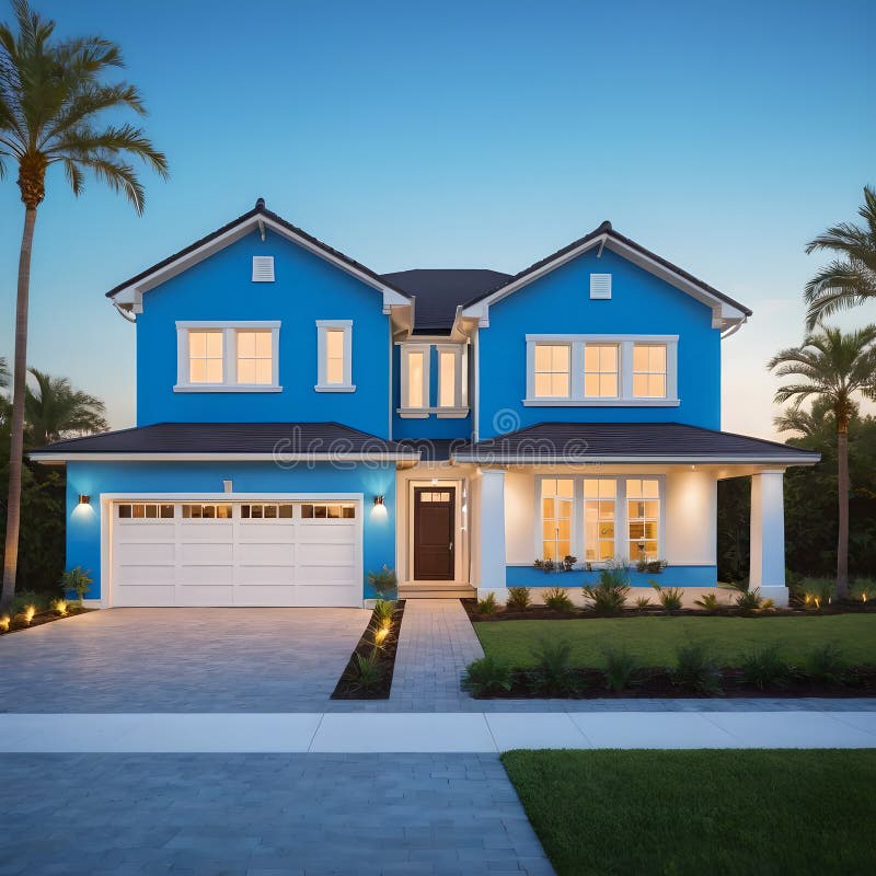 Modern Blue Two-Story House with Palm Trees at Dusk. Stock Illustration ...