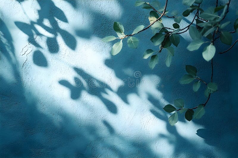 A Modern Blue Wall with a Smooth Finish and a Faint Shadow of a Tree ...