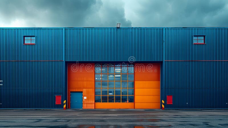 Modern Blue Warehouse with Orange Section Stock Image - Image of steel ...