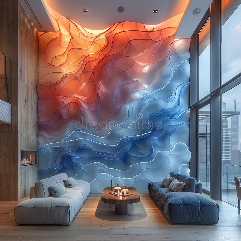 Modern Blue Wavy Wall Panel for Living Room, in the Style of Soft ...