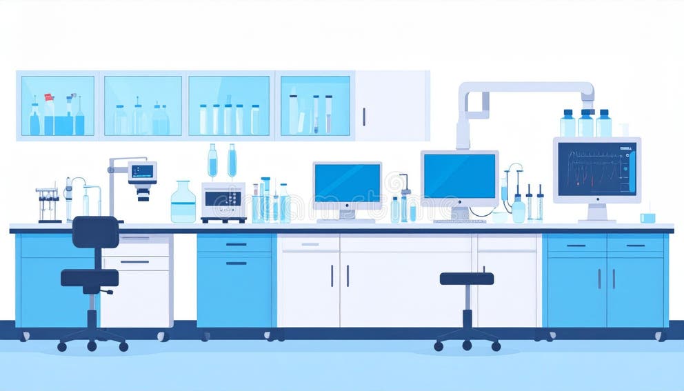 Modern Blue and White Laboratory Interior with Scientific Equipment and ...