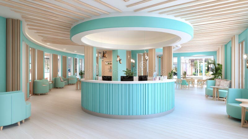 Modern Blue and White Reception Area with a Circular Counter Design ...