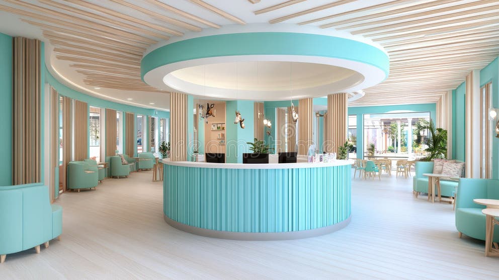 Modern Blue and White Reception Area with a Circular Counter Design ...