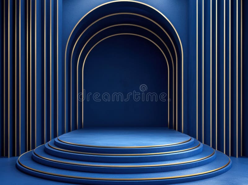 Modern Blue and White Stage with a Golden Circular Arch and Draped ...