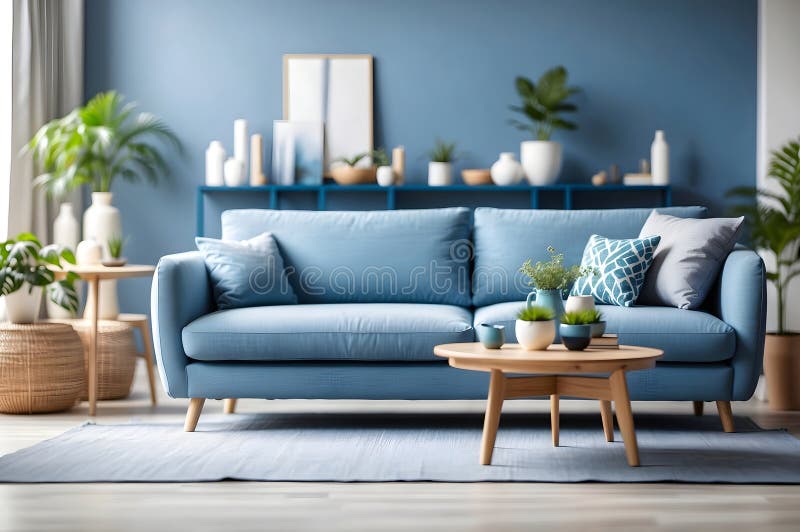 Modern Blurred Bright Home Interior with Blue Sofa in Living Roo Stock ...