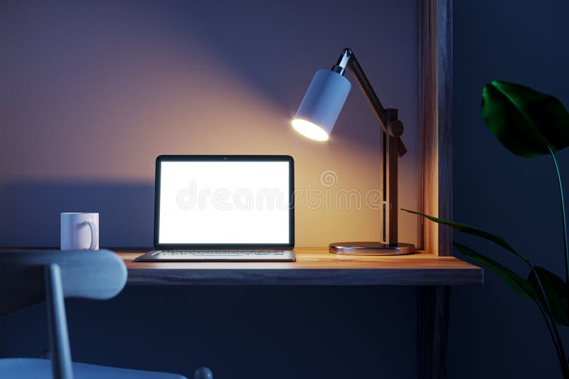 Modern Nighttime Table with Blank White Laptop Screen, Lamp and Coffee ...