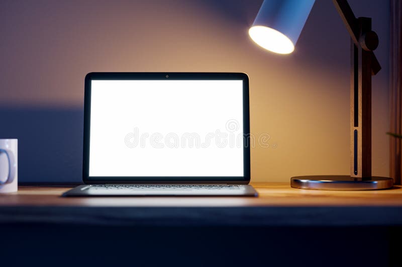 Modern Nighttime Workplace with Blank White Laptop Screen, Lamp and ...