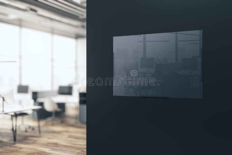 Modern Blurry Office Interior with Empty Glass Banner with Reflections ...