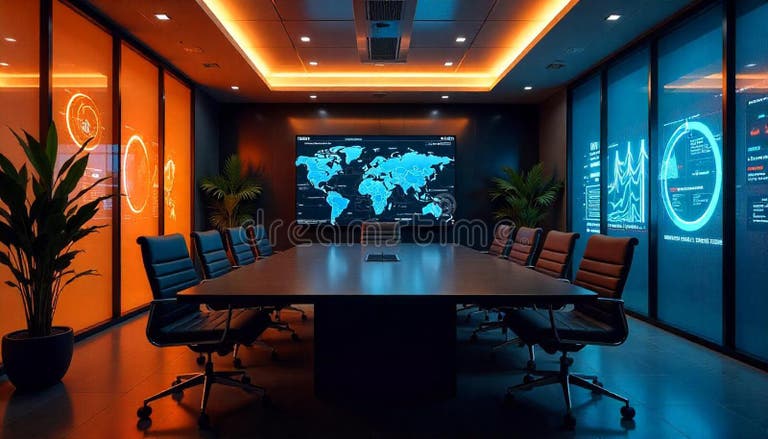 Modern Boardroom with Digital Displays and Strategic Data Visuals Stock ...