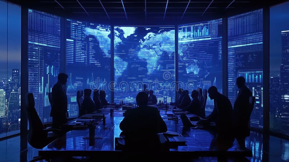 Modern Boardroom with Executives Analyzing Data on Global Map Display ...