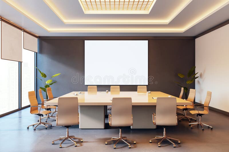 Modern Boardroom Interior with Blank White Screen, Large Table, Chairs ...