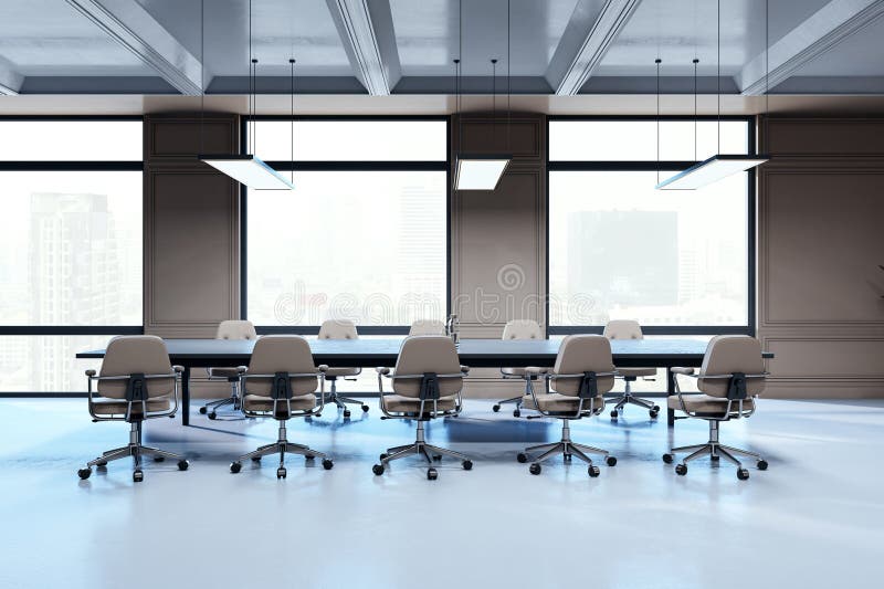 Modern Boardroom Interior with Large Table, Chairs, Tall Windows, and ...