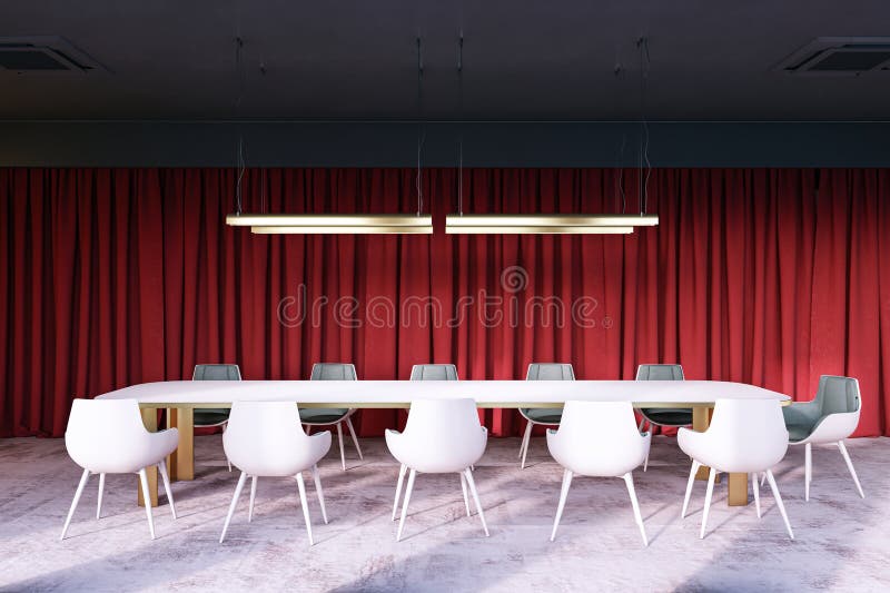 Modern Boardroom Interior with White Chairs, Large Table, and Red ...