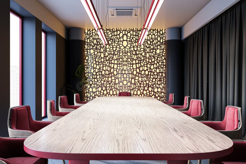 Modern Boardroom Interior with Wooden Table, Stylish Red Chairs ...