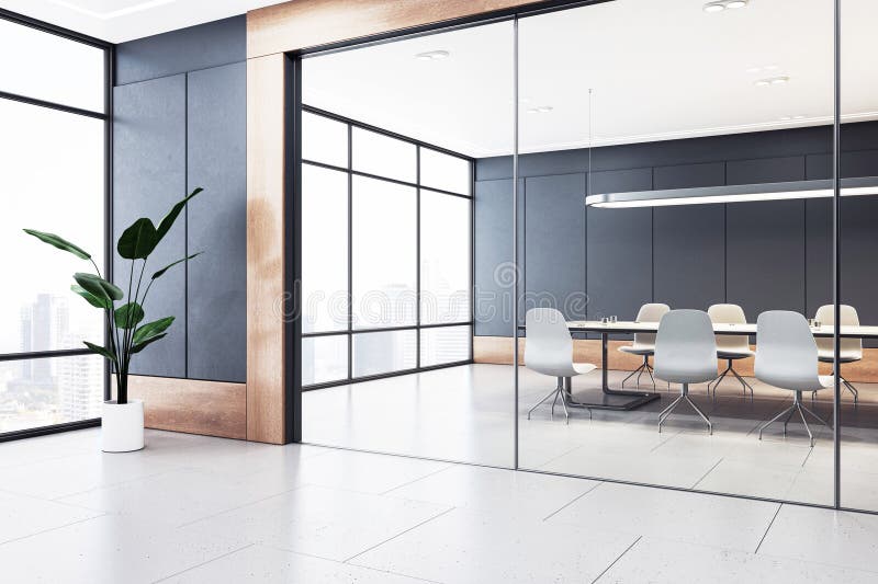 A Modern Boardroom with a Large Table, Chairs, and a Cityscape View ...