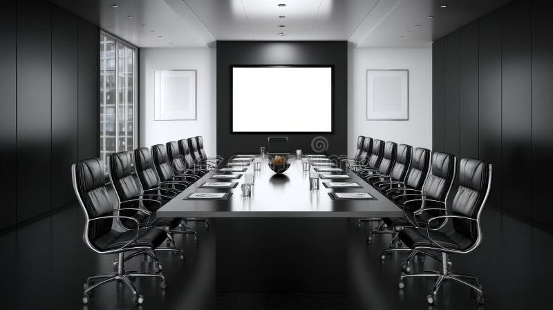 Modern Boardroom with Long Table, Black Leather Chairs, and Large ...