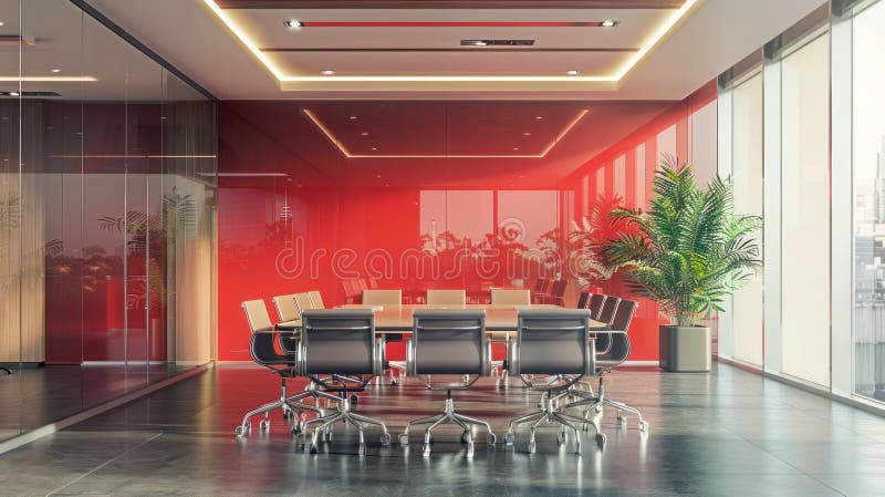 Modern Boardroom with Table, Comfortable Chairs and Red Feature Wall ...