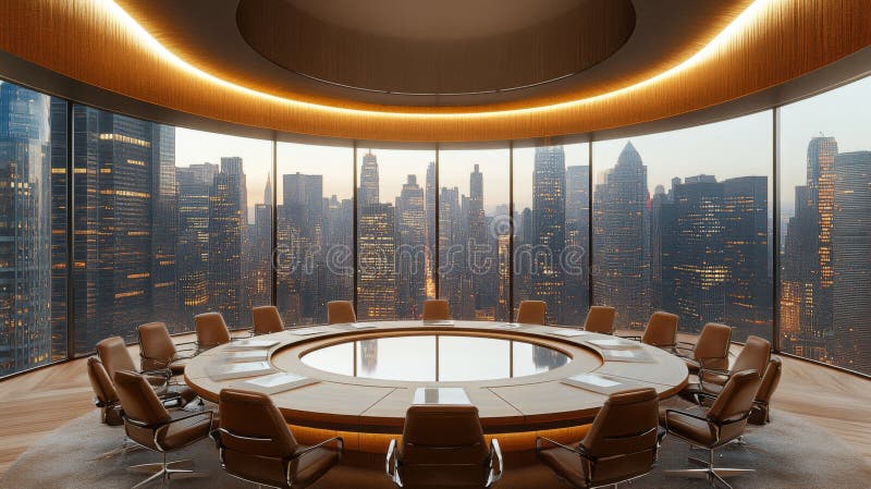 A Modern Boardroom with a Panoramic View of a City Skyline Stock ...