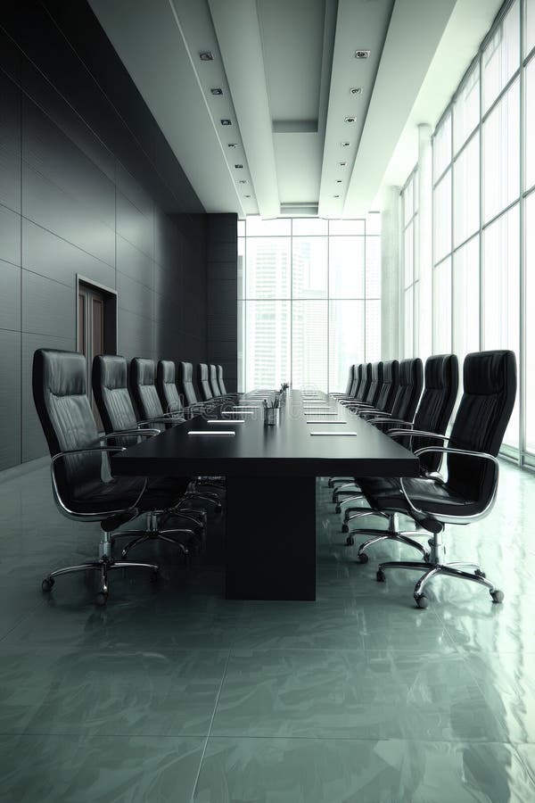 Modern Boardroom with Sleek Black Table, High Back Chairs, and Large ...