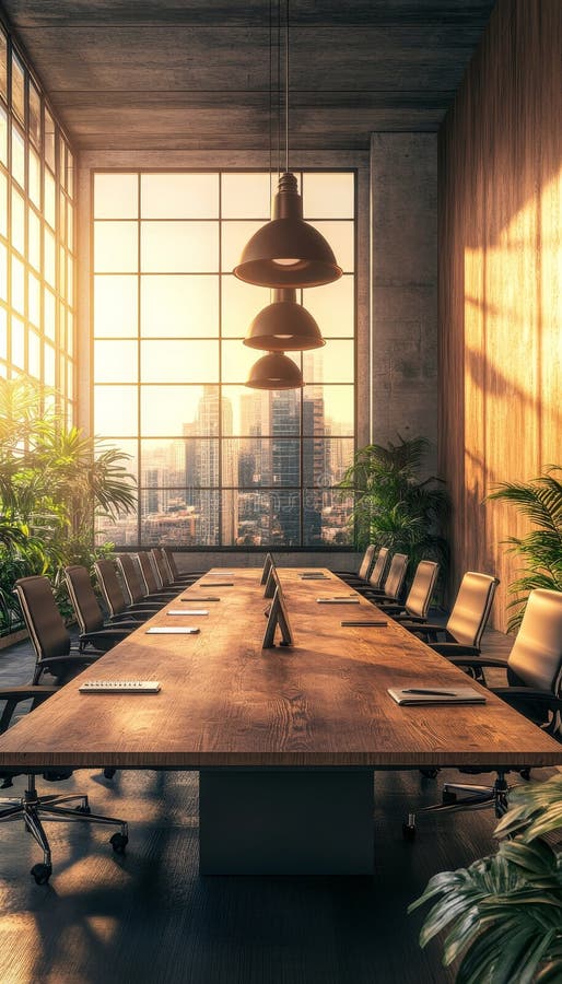 Modern Boardroom, Sunlight, City View Spacious Workspace with Wooden ...