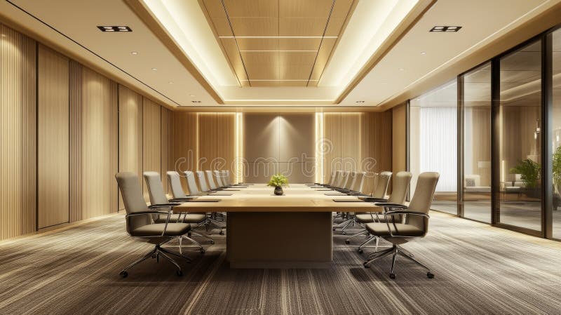 Modern Boardroom with Wooden Paneling and a Long Table Stock ...