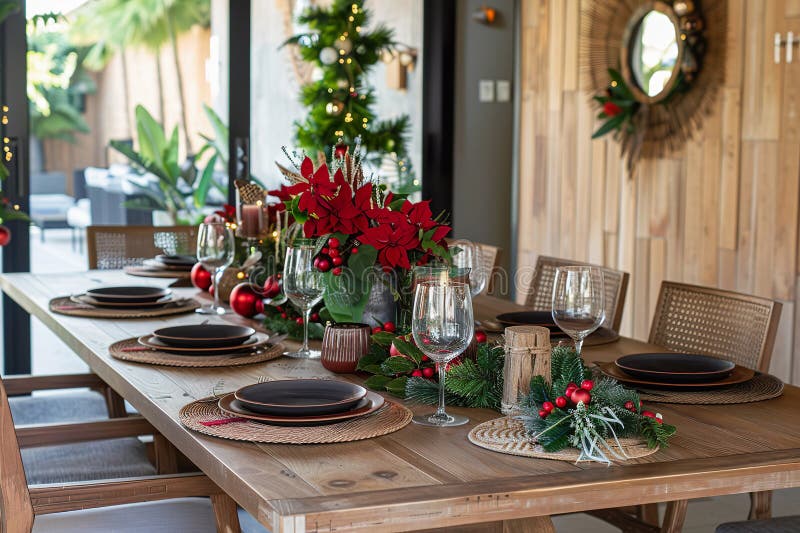 Modern Boho Christmas Dinner Table Setting in a Stylish Villa Stock ...