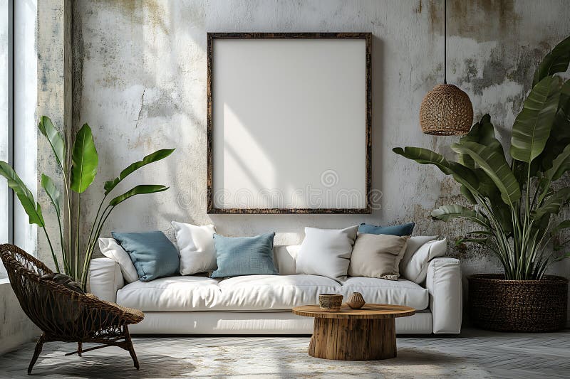 Modern Boho Living Room Interior Mockup with Blank Frame, Sofa, and ...