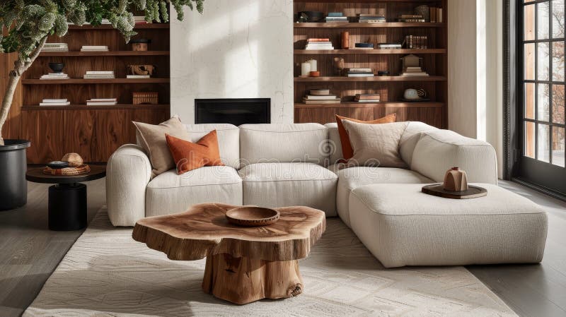 Modern Boho Living Room Tree Stump Side Tables, White Corner Sofa, and ...