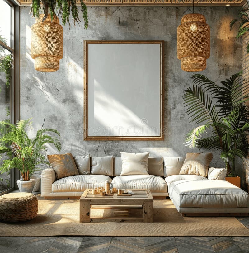 Modern Boho Style Living Room with Beige Sofa and Wooden Frame Mockup ...