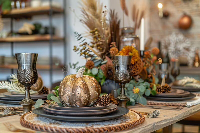 Modern Boho Thanksgiving Dinner Setting in Stylish Villa Stock Photo ...