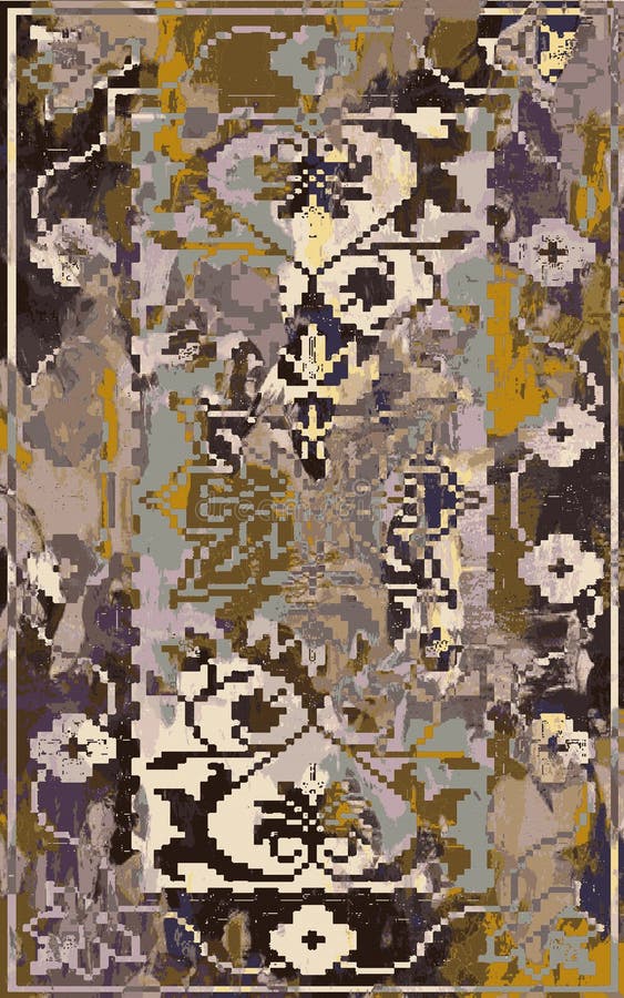Modern Boho Style Carpet Design Illustration with Distressed and Grunge ...
