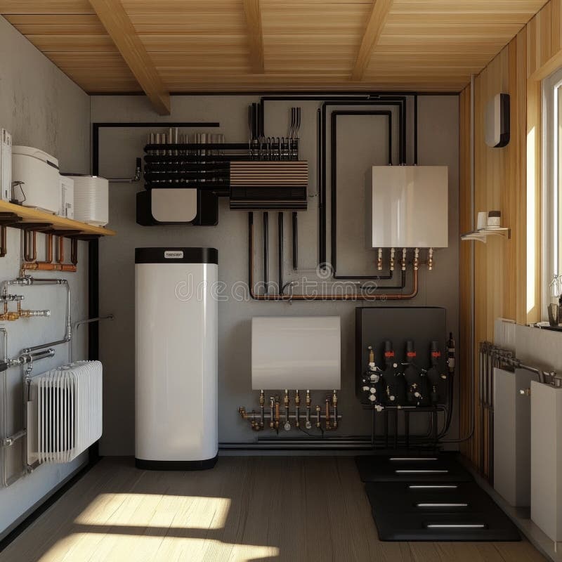 Modern Boiler Room with Efficient Heating Systems and Pipes Stock Photo ...