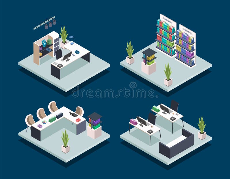 Modern Book Library Isometric Color Vector Illustrations Set Stock ...