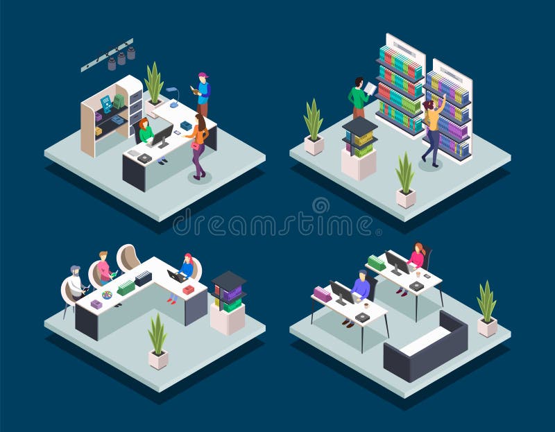 Modern Book Library Isometric Color Vector Illustrations Set Stock ...