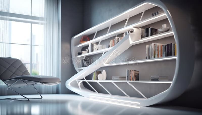 Modern Bookshelf Design in Empty Library with Bright Blue Flooring ...