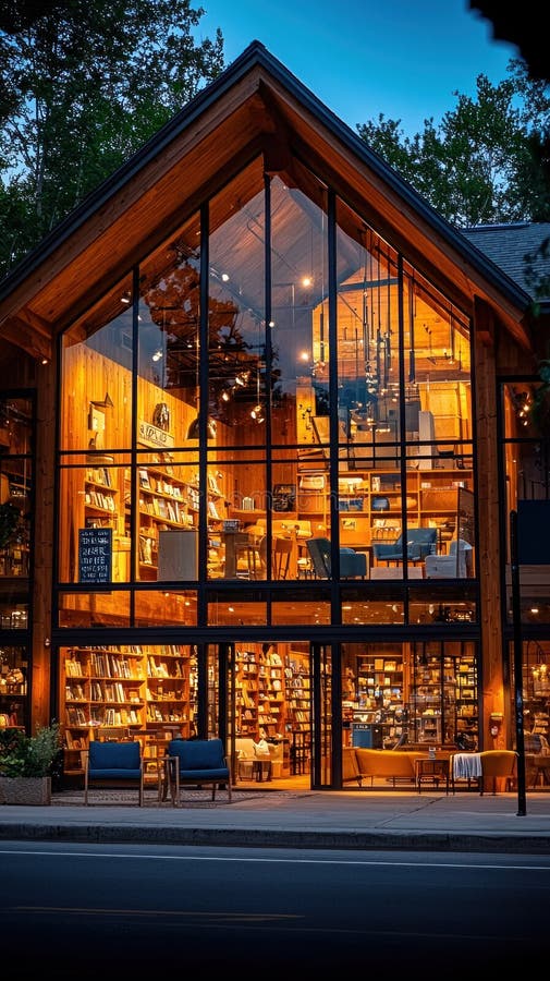 Bookstore Front View at Dusk with Warm Lighting Stock Illustration ...