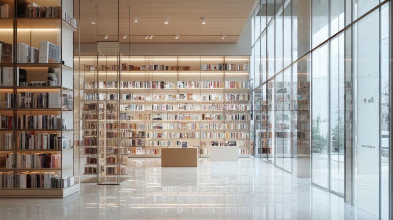 Modern Bookstore Interior with Glass Walls and Bookcases Stock ...