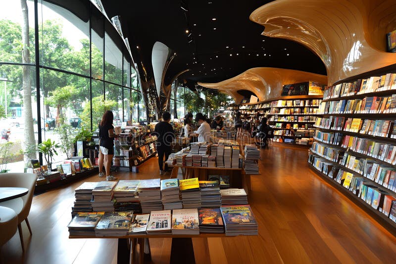 A Modern Bookstore Interior with a Unique Wave-shaped Ceiling Design ...