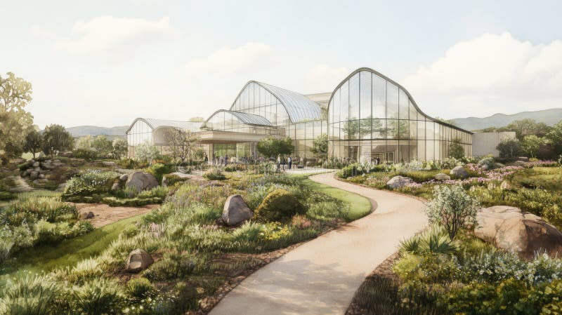 Modern Botanical Garden with Glass Architecture and Lush Landscape ...