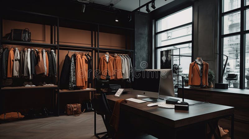 Modern Boutique Interior with Stylish Clothes and Laptop on the Table ...