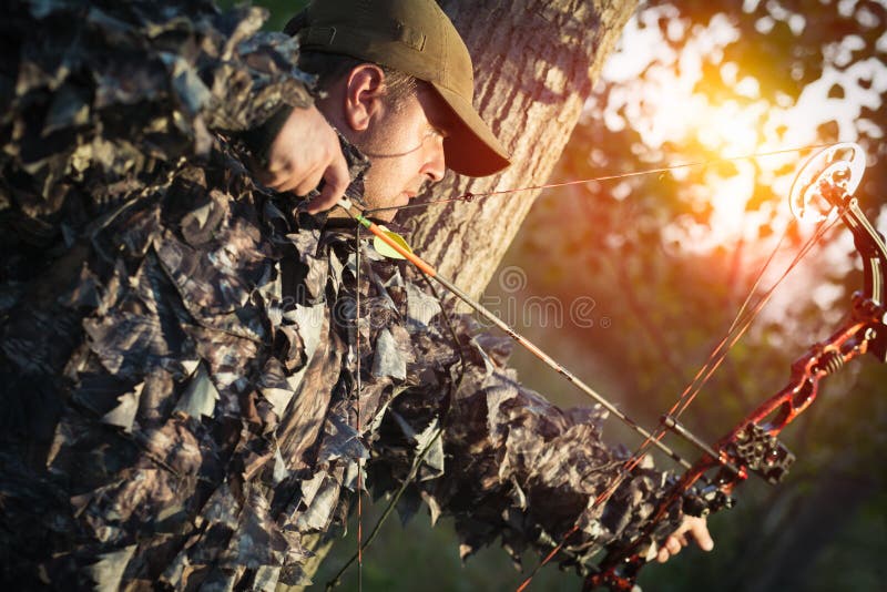 Bow hunter in tree stock image. Image of extreme, handsome - 8639823