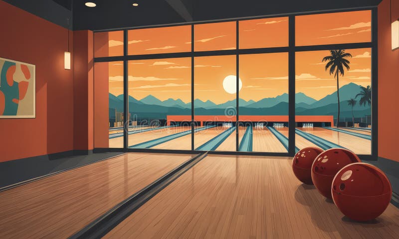 Modern Bowling Alley Features Large Window with Sunset View, Featuring ...