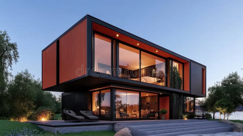 Modern Box House Exterior with Clear Blue Sky 3D Render Stock ...