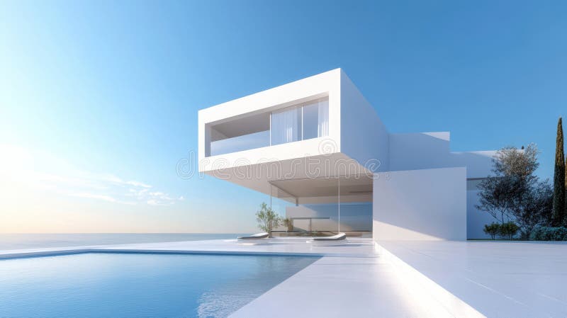 Modern Box House Exterior with Clear Blue Sky 3D Render Stock ...