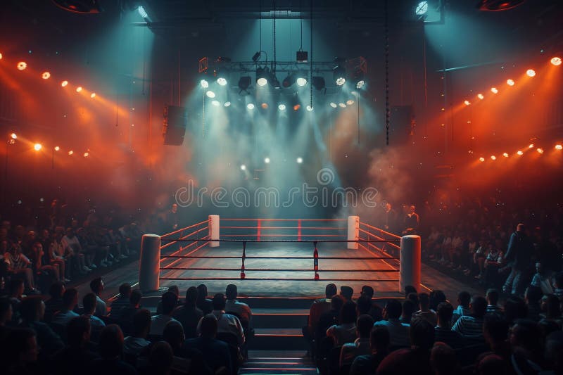 The Modern Boxing Ring is Illuminated by Bright Spotlights, with a ...
